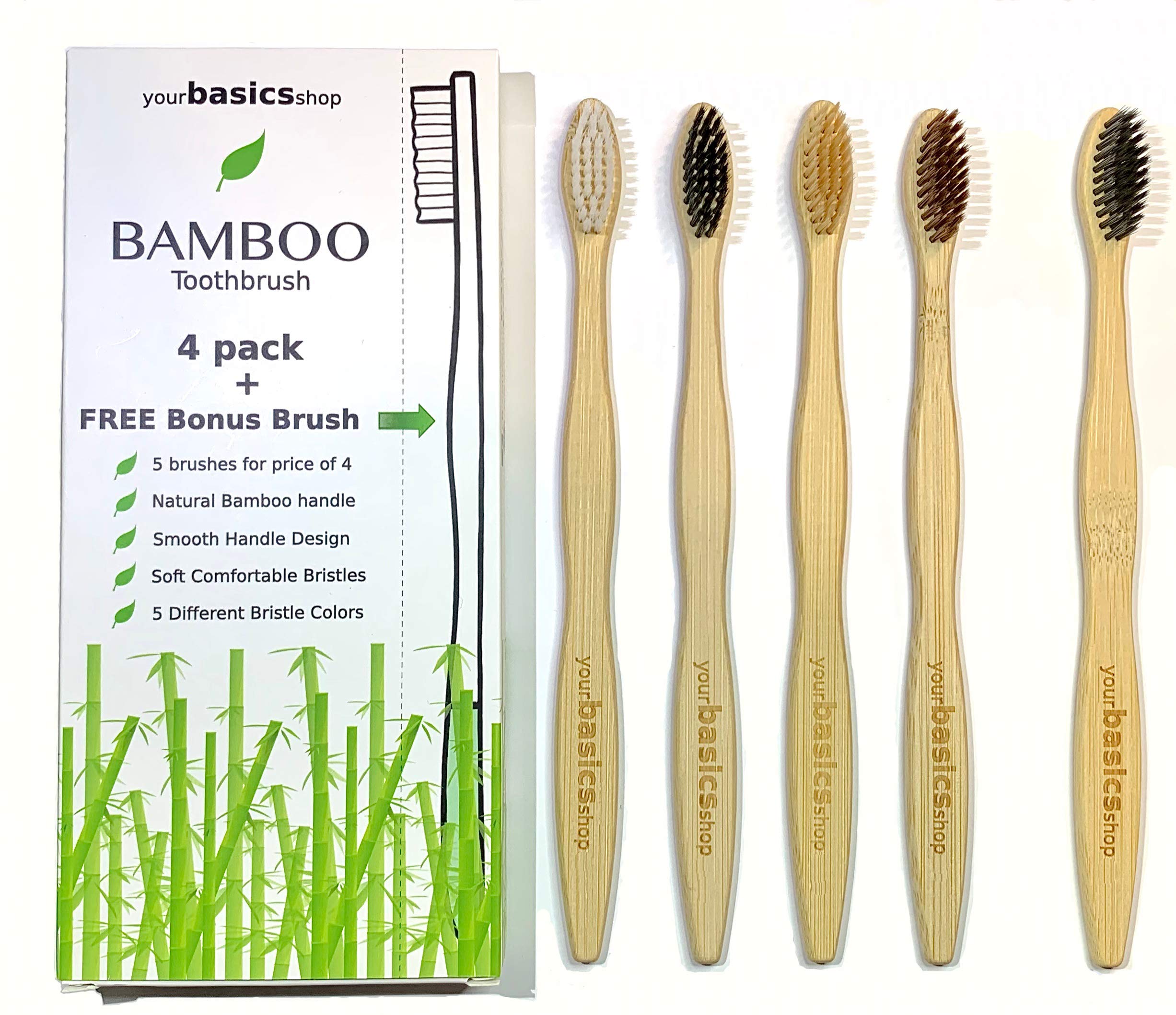 Bamboo Toothbrushes (5-pack) - Family Pack of 4 +1 Toothbrushes - Adult and Kids Toothbrush sized - Bamboo Toothbrush Soft Bristle - Natural Toothbrush - Wood Toothbrush - Better for the planet.
