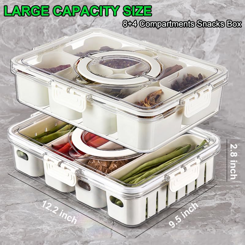 2 Pack Divided Serving Tray with Lid and Handle, 12 Compartments Snackle Box Charcuterie Container for Portable Snack Platters Clear Organizer for Candy Fruits Veggie Snacks Party Entertaining Picnic