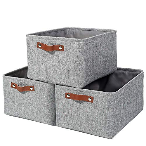 QURTS Large Storage Bins(15.74 x 11.81 7.87 inches), Foldable Fabric Baskets with Handles for Cupboards, Wardrobe, Shelves, Bathroom, Clothes, Toys, Towel (Grey, 3 Pack) Gray 15.6 11.7 7.8 inches