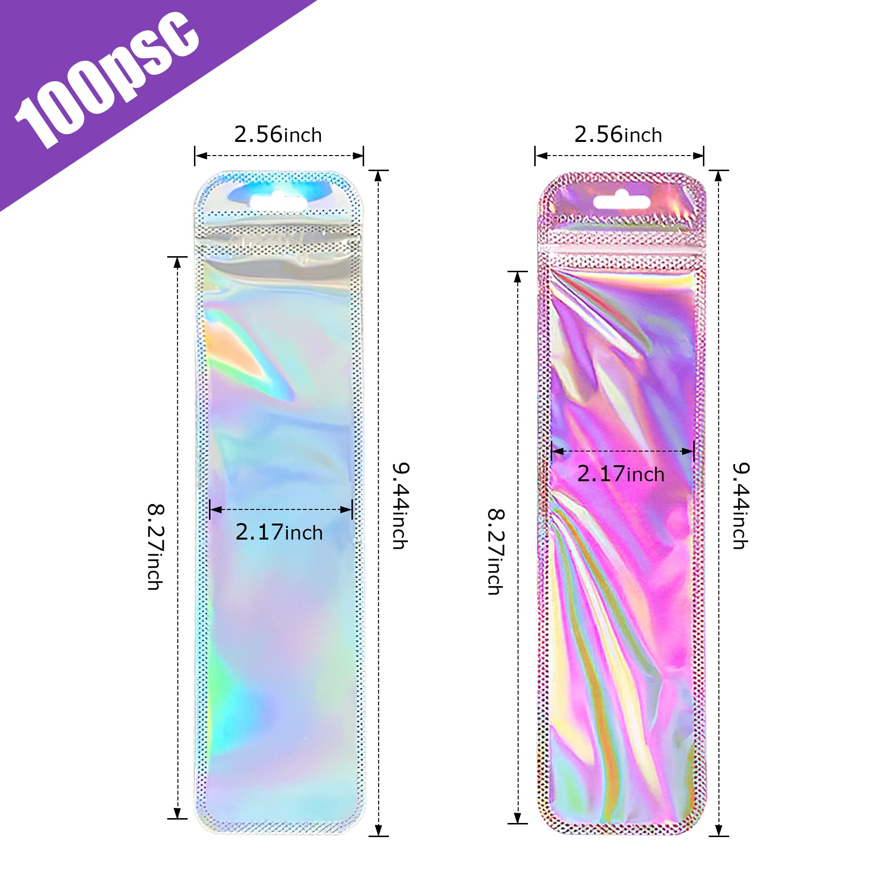 100 PCS Resealable Holographic Bags, Holographic Rose ziplock Packaging Storage Bag for Jewelry, Lip Gloss, sticker, lash, Candy, Snack, 2.56x9.44"