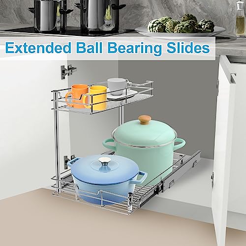 2 Tier Pull Out Cabinet Organizer, 20.7" D x 12.7" W x 13.9" H, Heavy Duty, Under Sink Slide Out Storage, Sliding Wire Drawer Base Cabinet for Kitchen Bathroom Pantry, Chrome