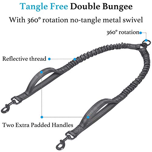 iYoPets Double Dog Leash with Two Extra Traffic Handles, 360 Swivel No Tangle Dual Dog Walking Leash, Comfortable Shock Absorbing Reflective Bungee for Two Dogs (18~120 lbs, Black)