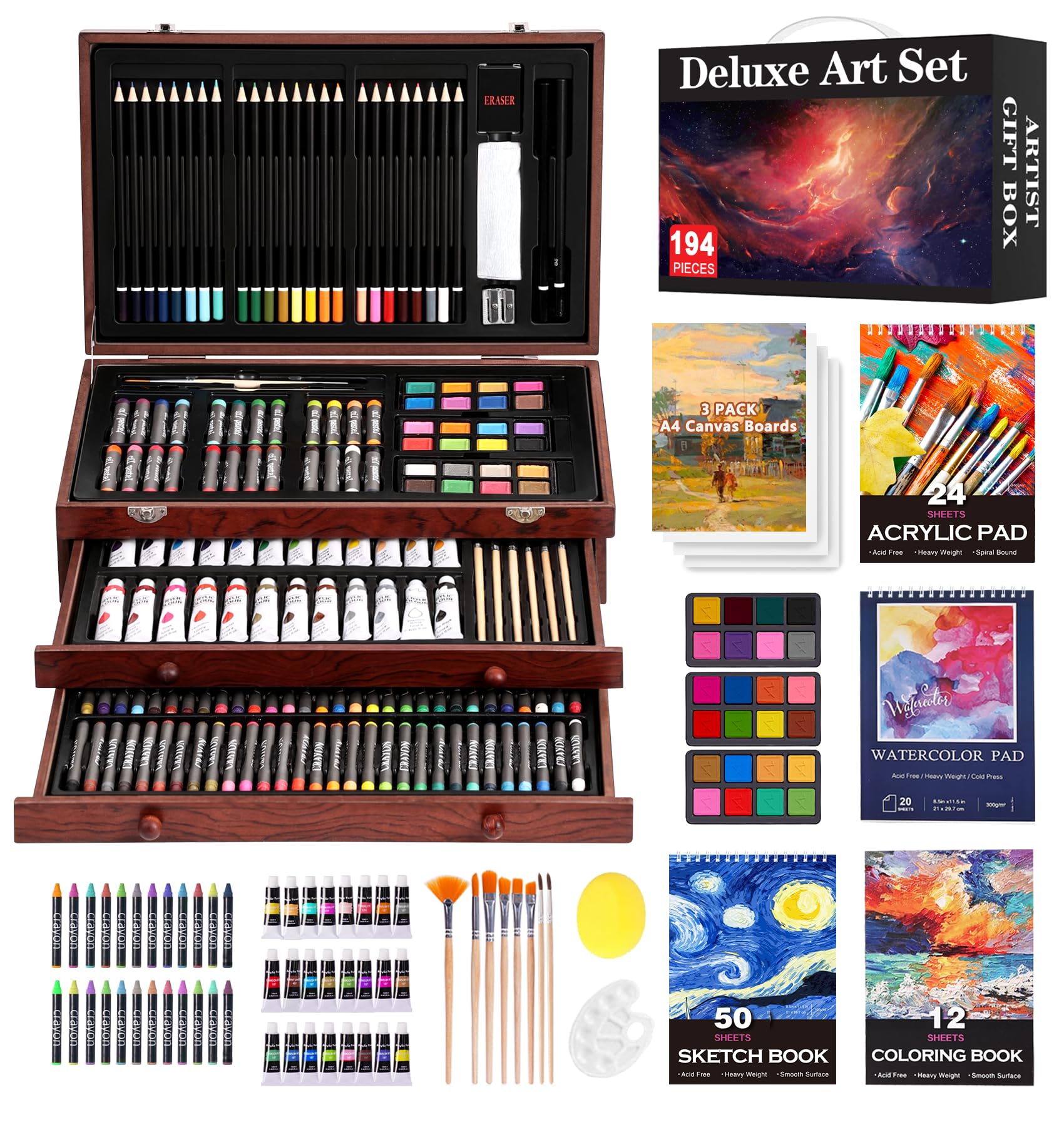 194 Piece Deluxe Art Set, Painting Drawing Art Supplies with 4 Drawing Pads, Acrylic Paints, Crayons, Colored Pencils Set in Wooden Case, Art Kit Gift Box for Kids, Teens, Adults, Artists, Beginners
