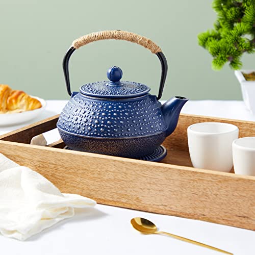 3 Piece Set Blue Japanese Cast Iron Teapot, Loose Leaf Tetsubin with Handle, Stainless Steel Infuser, and Trivet (27 oz, 800 ml)