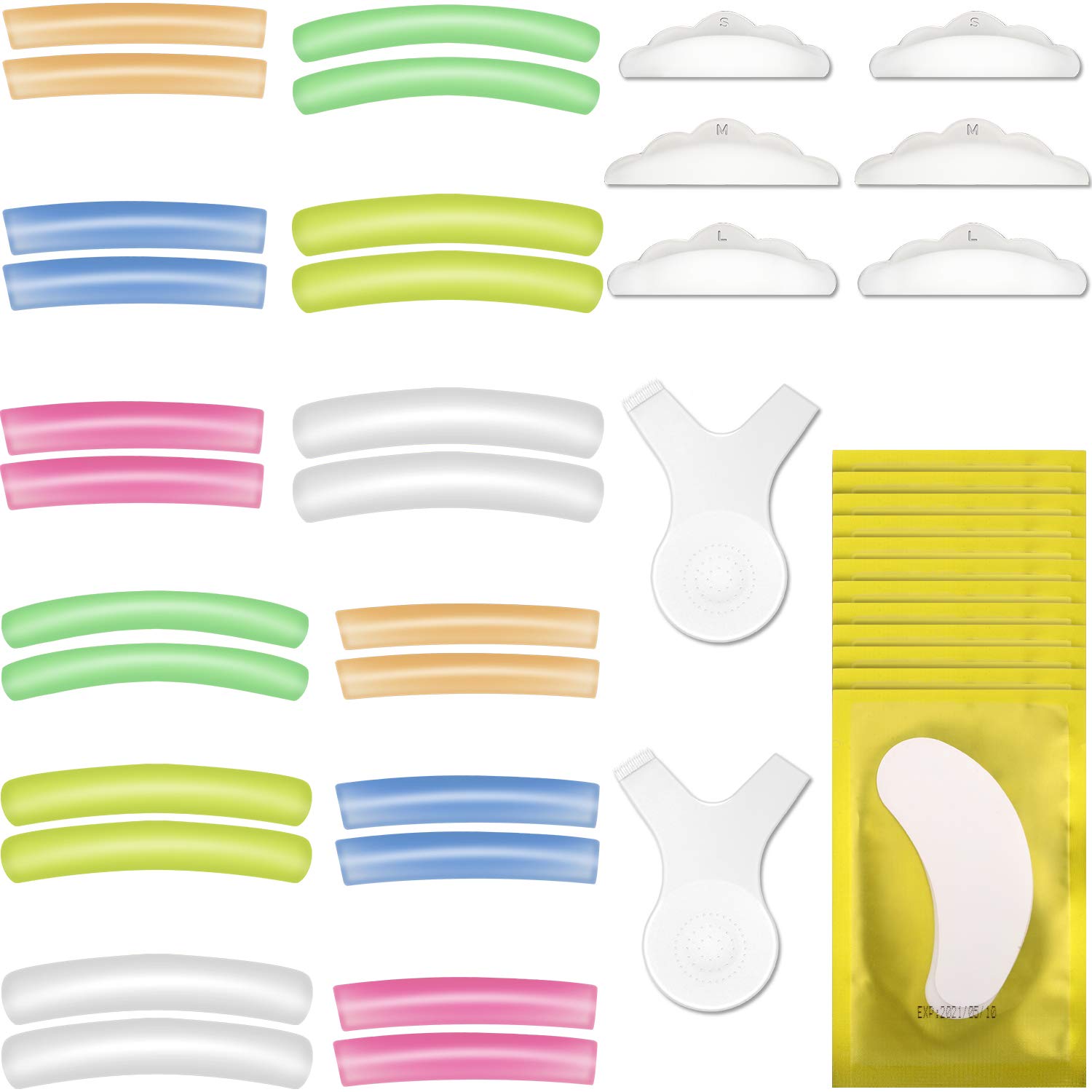 44pcs Eyelash Perming Curler Shield Pads Kit, 12 Pair 6 Sizes Lash Lift Pads Silicone 12 Pack Eye Gel Pad Patches with 2 Pieces Y Shape Brushes and 3 Pair Lash Lift Rods Pads for Eyelash Lifting
