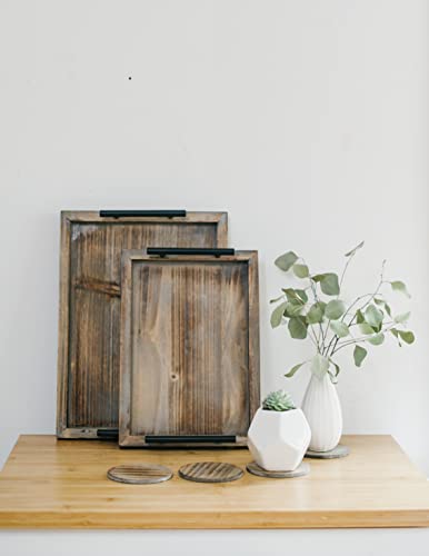 Decorative Ottoman Serving Tray Wooden Rustic (Set of 2) | Black Sleek Metal Handles | 4 Matching Coasters | Coffee Table Decor | Serving Kitchen Platter | Summit Living | For All Occasions