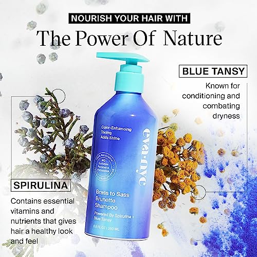 Eva NYC Brass to Sass Brunette Shampoo, Toning Blue Shampoo for Brunettes, Neutralizes Brassy Red and Orange Tones, Blue Shampoo for Color Treated Hair, 8.8 fl oz