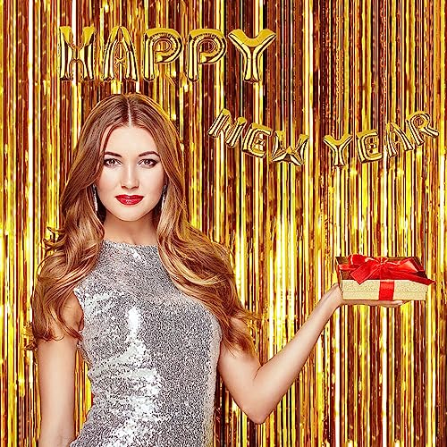 2 Pack 3.3x8.2 ft Gold Foil Fringe Curtains Backdrop, Tinsel Curtain Backdrop, Streamer Backdrop for Birthday Party, Graduation and Most Common Holiday Party Decorations. by TOPPOT