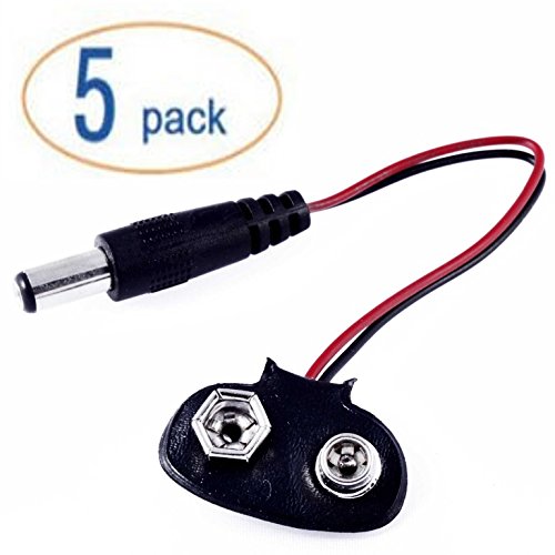 5pack 9v Battery Clip with 2.1mm X 5.5mm Male DC Plug for Arduino by Corpco
