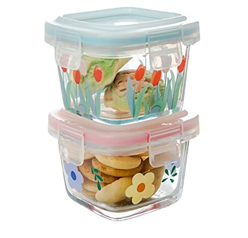 2 Pack 4 OZ Mini Glass Food Storage Containers Portable Small Food Jars with Airtight Lids Leakproof Square Flower Glass Container for Food Portion,Dipping Sauce,Snack,Nut,Yogurt,Freezer Microwave Safe