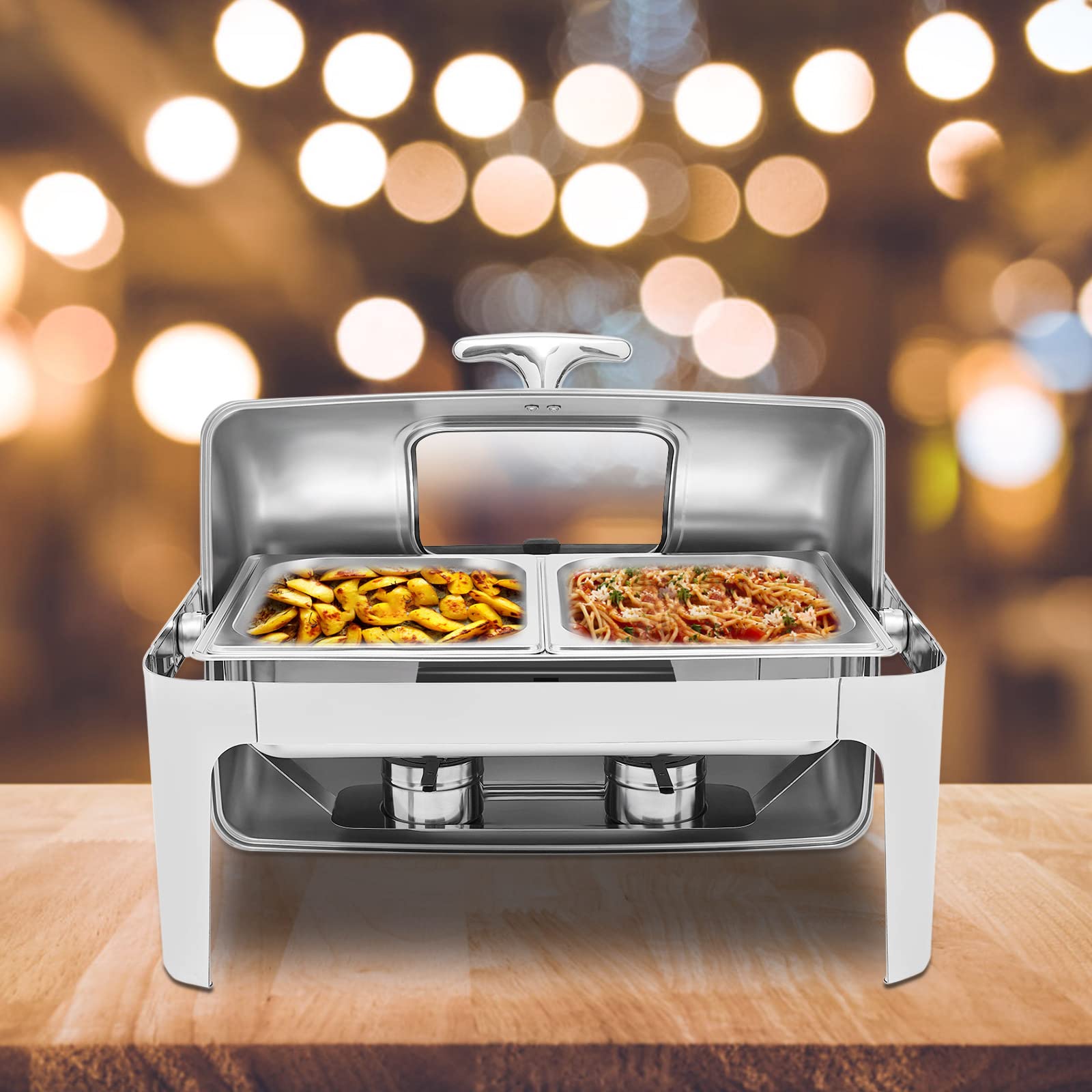 14.26Qt Stainless Steel Chafing Dish Buffet Set with Visible Roll Top Chafing Dishes Buffet Set Retangle with Rolling Top 2 Detachable Food Pans Catering Food Warmer for Hotels Party Wedding
