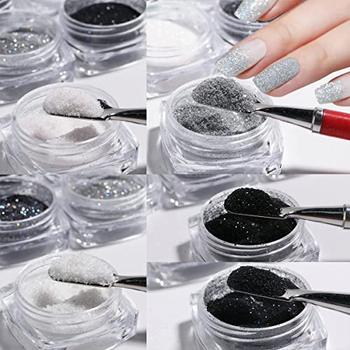 6 Jars Nail Glitter Powder Black White Sliver Dust Sugar Powder, Superfine French Nail Sugar Glitter Iridescent Candy Coat Nails Sweater Design Manicure Decorations DIY Crafts