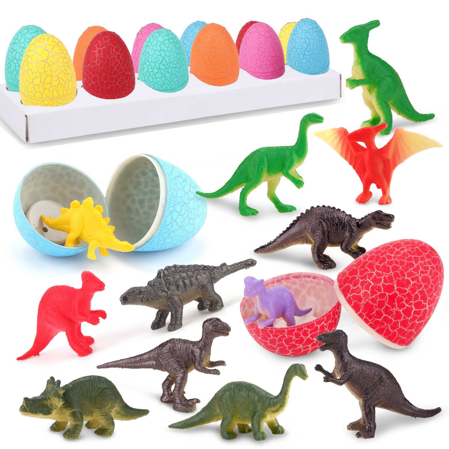 12 Dinosaur Eggs Toys, Surprise Pack with 12 Unique Dinosaur Figures,Goodie Bag Stuffers,Pinata fillers, Easter Eggs dongcoh,Carnival Prizes Treasure Box,Birthday Party Gifts for Kids