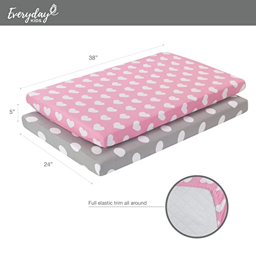 2 Pack n Play Mattress Sheets – 100% Jersey Knit Cotton Soft Portable Crib Mattress Sheets for Girls with Pink Heart and Gray Polka Dot Design; 2 Pc Playpen Mattress or Mini Crib Sheet Fitted Set