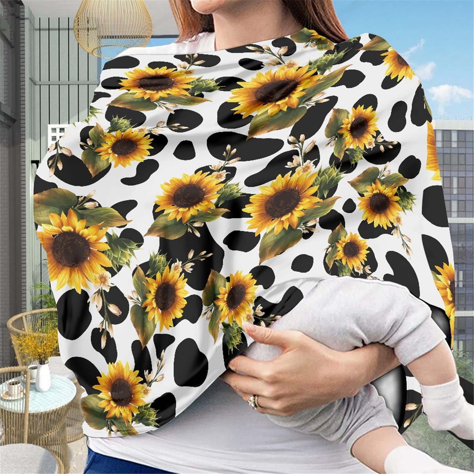 LedBack Novelty Cow Sunflower Print Stretchy Car Seat Cover for Babies,Nursing Cover Breastfeeding Cover,Soft Breathable Baby Carseat Canopy