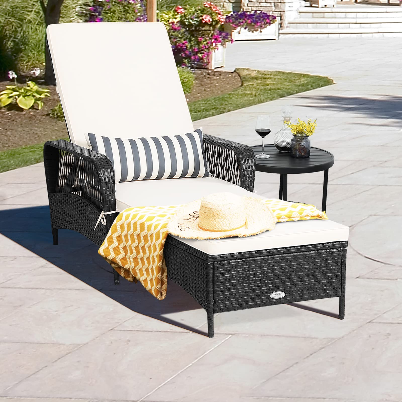 HAPPYGRILL 2 Patio Chaise Lounge Chair Set Outdoor Rattan Wicker Recliner with Thick Cushion, Lumbar Pillow, Adjustable Backrest for Garden Porch Lawn Poolside