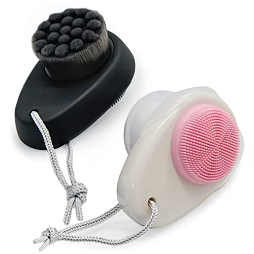 2 Pack Facial Cleansing Brushes, Face Brush with 2-in-1 for Deep Pore Cleansing and Exfoliation, Silicone Scrubber & Soft Bristle Sides (Black&Pink)