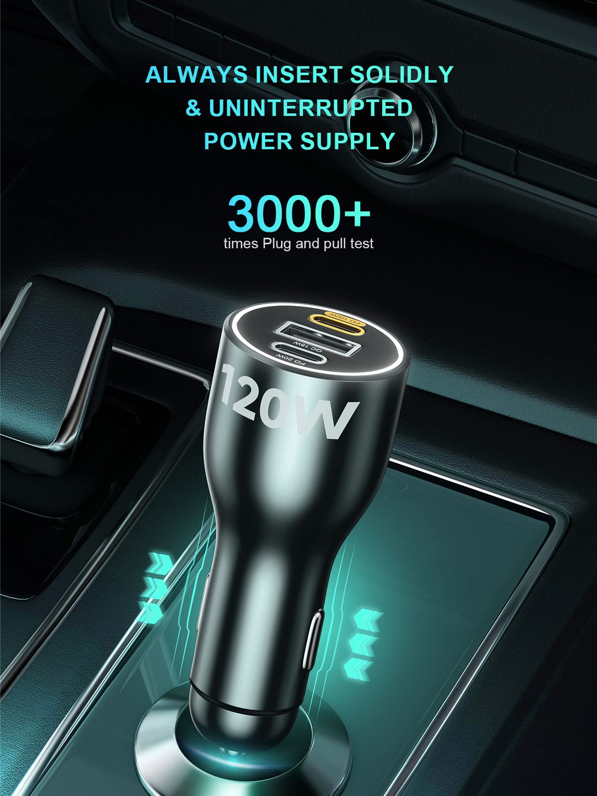 120W USB C Car Charger All-Metal PD3.0 100W/20W+18W 3 Ports Car Laptop Charger Compatible with MacBook,iPhone 15/14/13,Samsung Galaxy S23/22,Google Pixel 7/6(Comes with 100W C-C/20W C-L 3.3FT Cable)