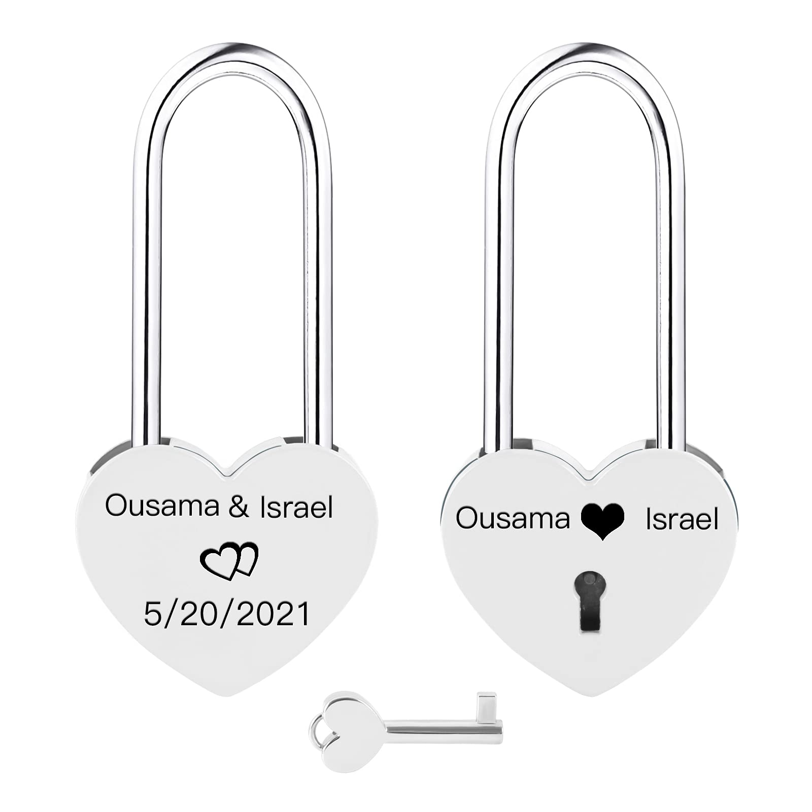 NGTSFLY Personalized Love Heart Lock Engraving Name/Text for Couples Men Women Boyfriend Girlfriend Lover Memorial Anniversary Valentine Gift,with Key Metal Heart Shaped Padlock Silver3