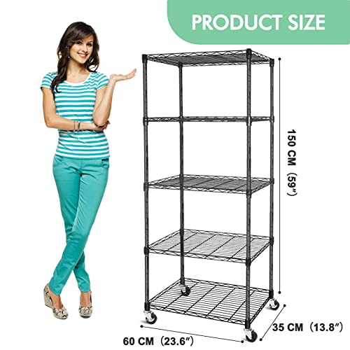 5-Shelf Adjustable,Heavy Duty Kitchen Shelf Organizer Rack,Kitchen Rack, Storage Shelving Unit on Wheel Casters,Steel Organizer Wire Rack, Metal Organizer Shelving Unit,Storage Shelf with Wheels