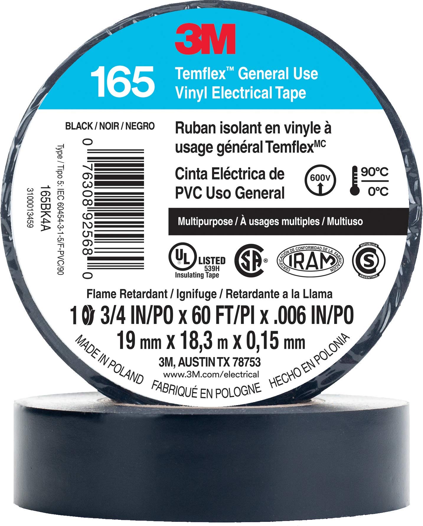 3M Temflex Multi-Purpose Vinyl Electrical Tape 165, Black, 3/4 in x 60 ft (19 mm x 18 m), 10 Roll Pack