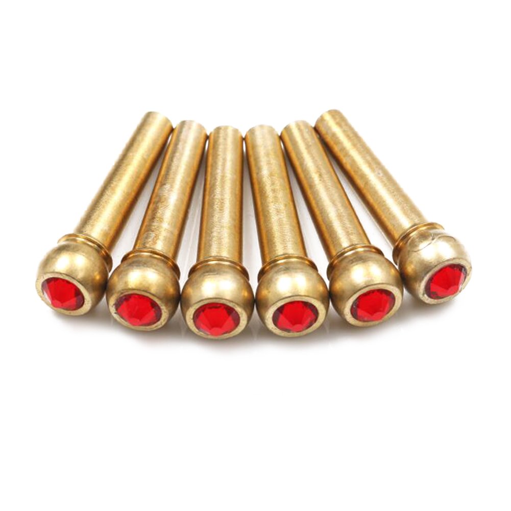 6Pcs Bridge Pin Copper Material Folk Acoustic Guitar Bridge Pin Peg Nail with Colorful Crystal Glass Dot(Red)