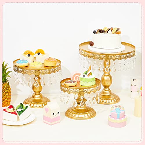 3 Pcs Rose Gold Cake Stand Set Round Cake Stand with Crystal Bling Pendants Dessert Table Display Set for Wedding Event Birthday Party Dessert Table (Gold)