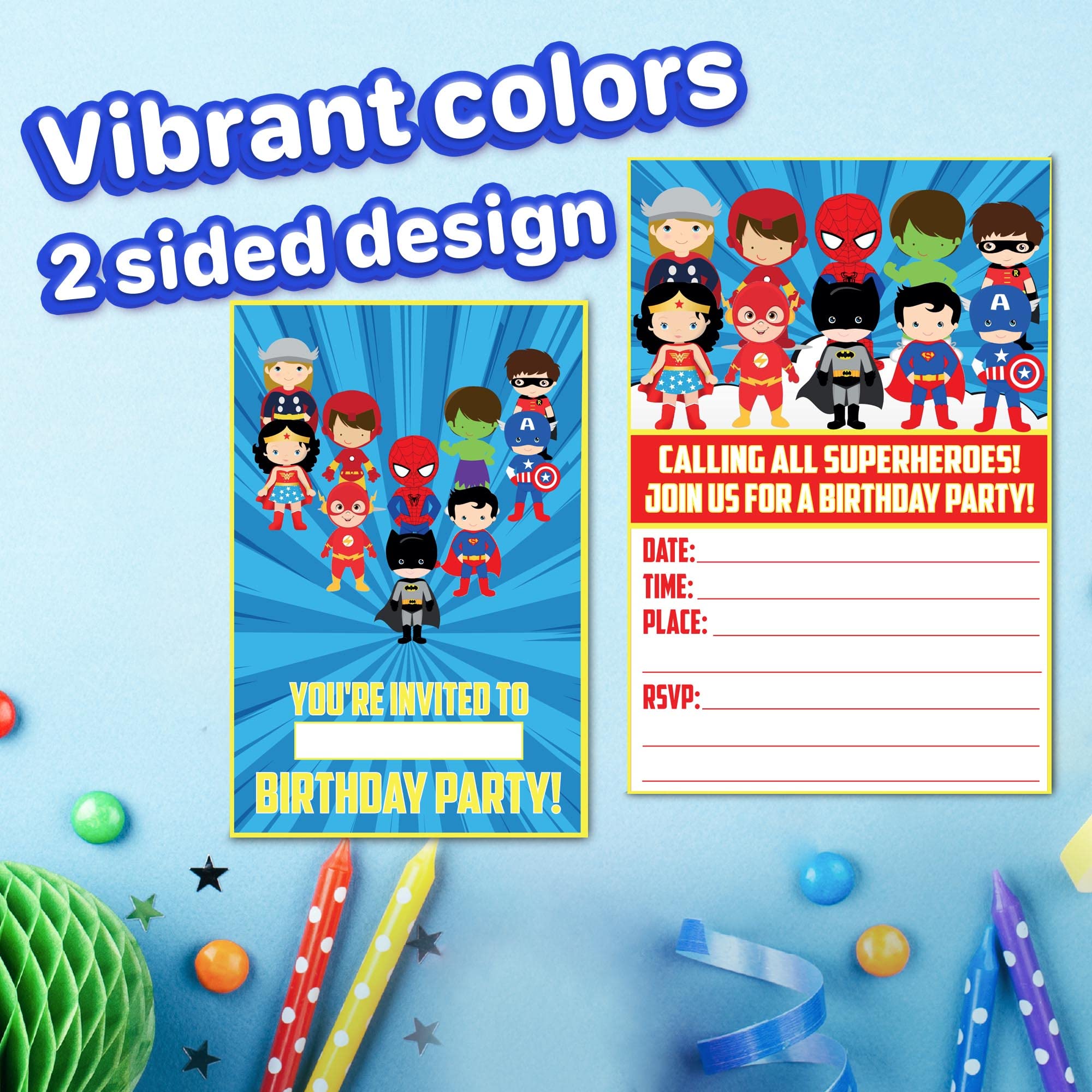20x Super Hero Kids Birthday Invitations and Envelopes – Fill-in Happy Birthday Party Invitations for Kids, 6X4 Inches, Postcard Style