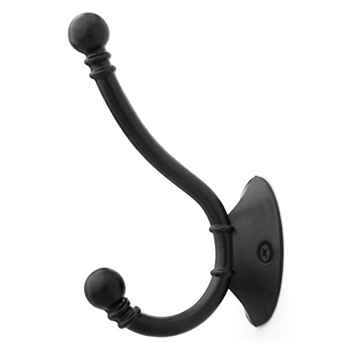 6 PCS 3-3/4 Inch Double Prong Retro Coat and Hat Hook Heavy Duty Metal Wall Hangers with Ball Ends (Screws Included), Flat Black