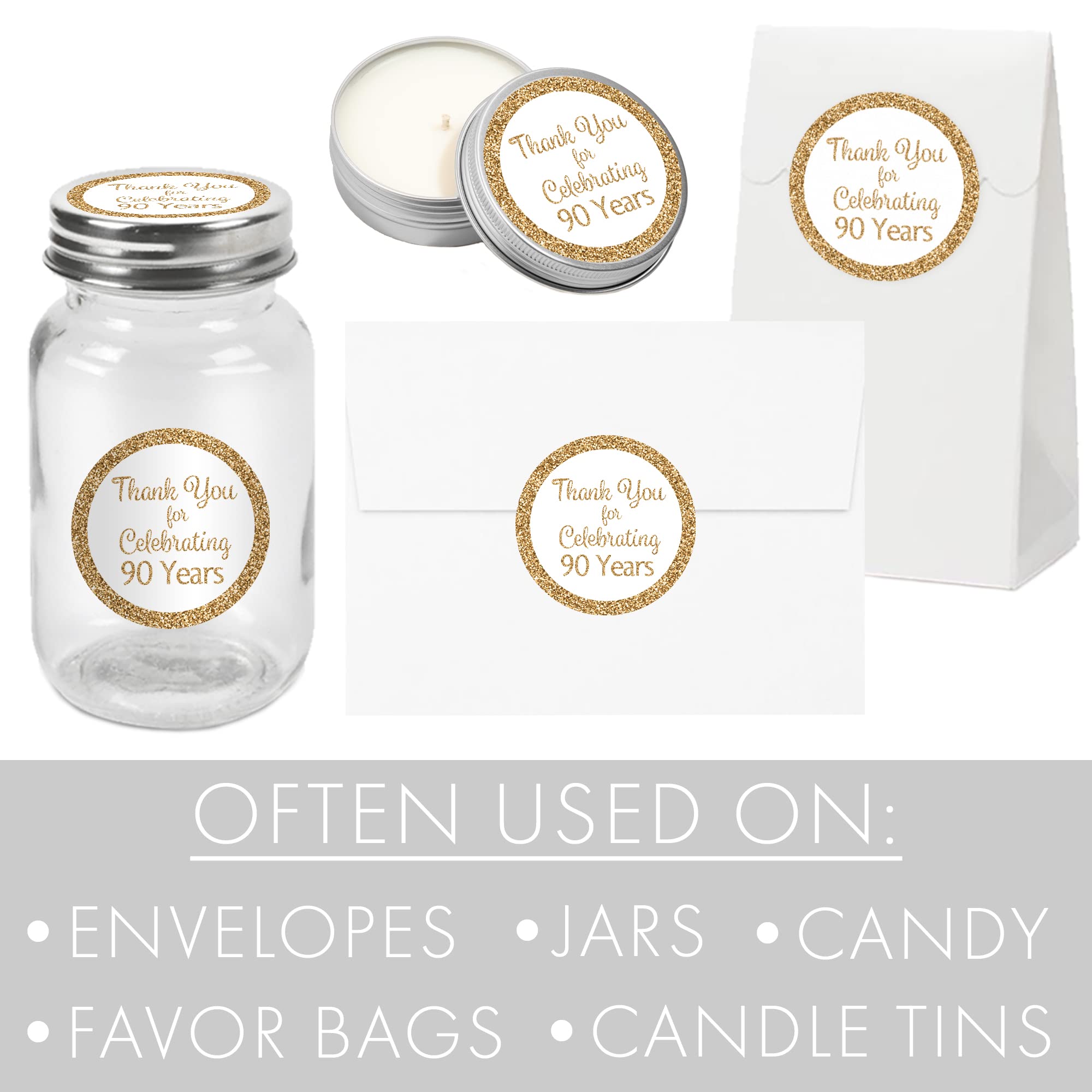 White and Gold 90th Birthday Thank You Stickers - 1.75 in - 40 Labels, 90th Birthday Decorations