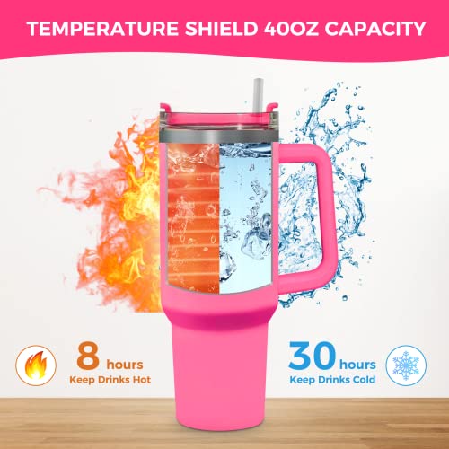40oz Stainless Steel Tumbler with Handle Lid and Straw Insulated Coffee Mug Water Bottle Tumbler Keeps Hot and Cold Travel Cup (Azalea Red)