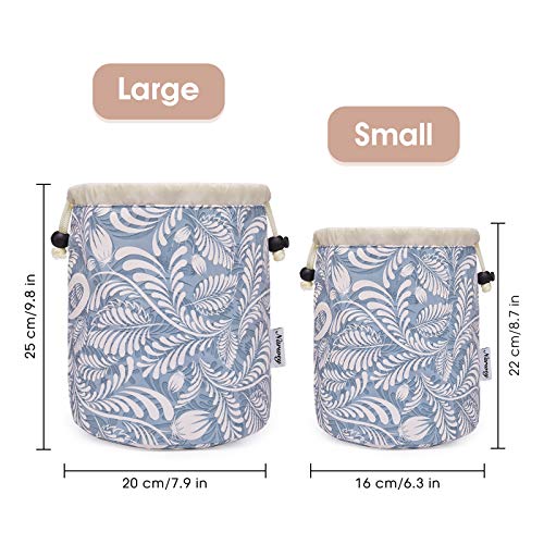 Barrel Drawstring Makeup Bag Travel Cosmetic Bag Large Toiletry Organizer Waterproof for Women (Large, Blue Leaf)