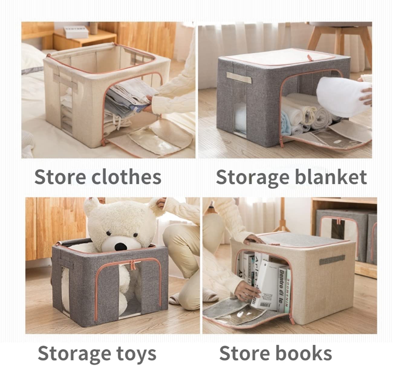 3 Pack Clothes Storage Bags - 66L Foldable Stainless steel Frame Storage Box - Stackable Linen Fabric Container Organizer Set with Carrying Handles and Clear Window With sturdy zipper ( 19.7x15.7x13inch）