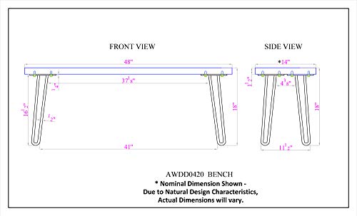 Alaterre Furniture Natural Live Edge Bench w/Metal Hairpin Legs, Unique Rustic Look for Home Décor Versatility & Style, Durable for Years to Come, Easy to Assemble
