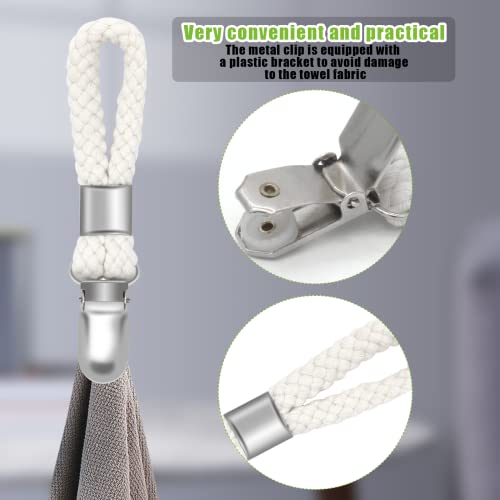 6 Pack Towel Hook Holder Braided Cotton Loop Towel Hangers Metal Clip Towel Hangers Rack Hand Towel Hook Tea Towel Holders for Kitchen Bathroom Ivory