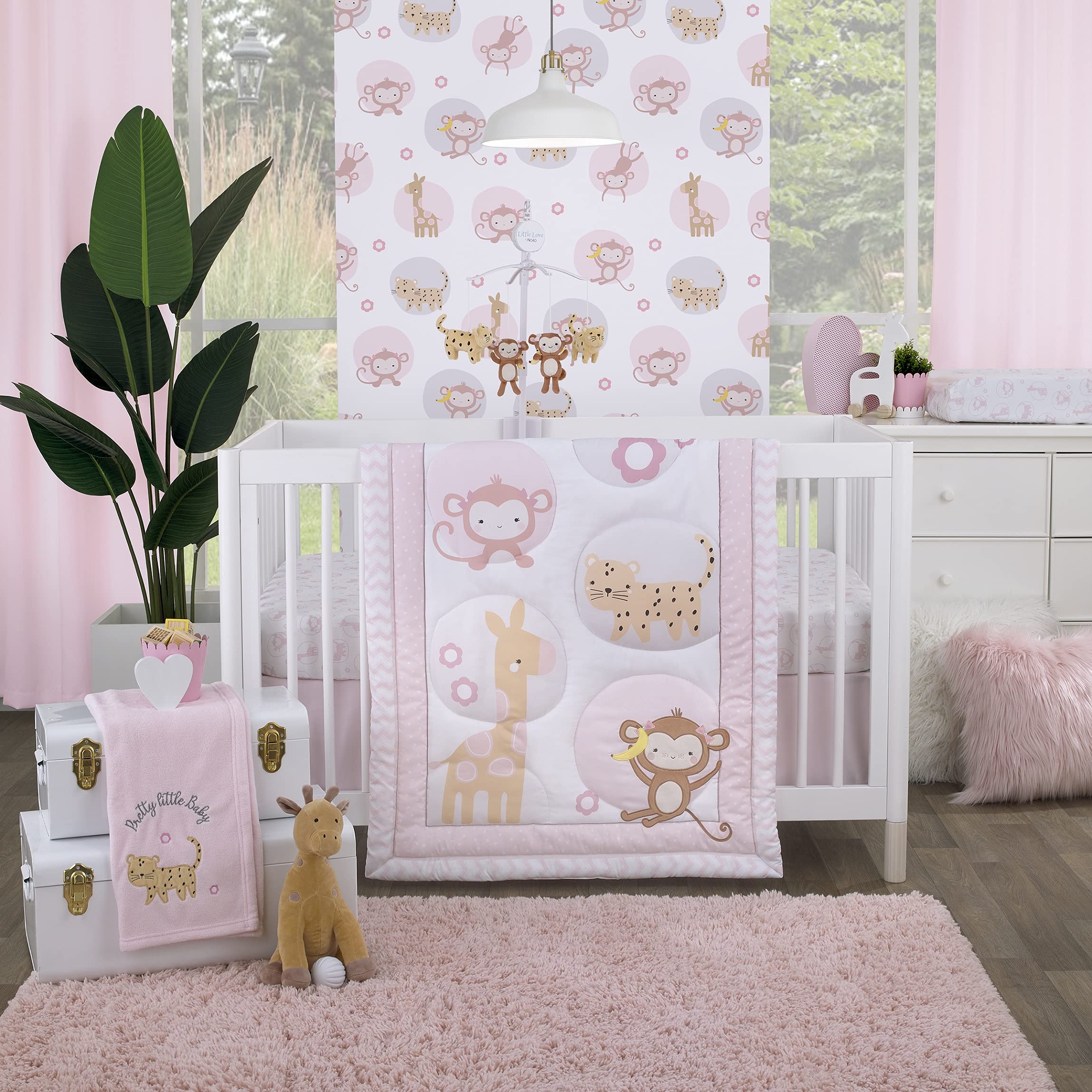 NoJo Little Love Sweet Jungle Friends Pink, White and Tan, Monkey, Cheetah and Giraffe Super Soft Fitted Crib Sheet