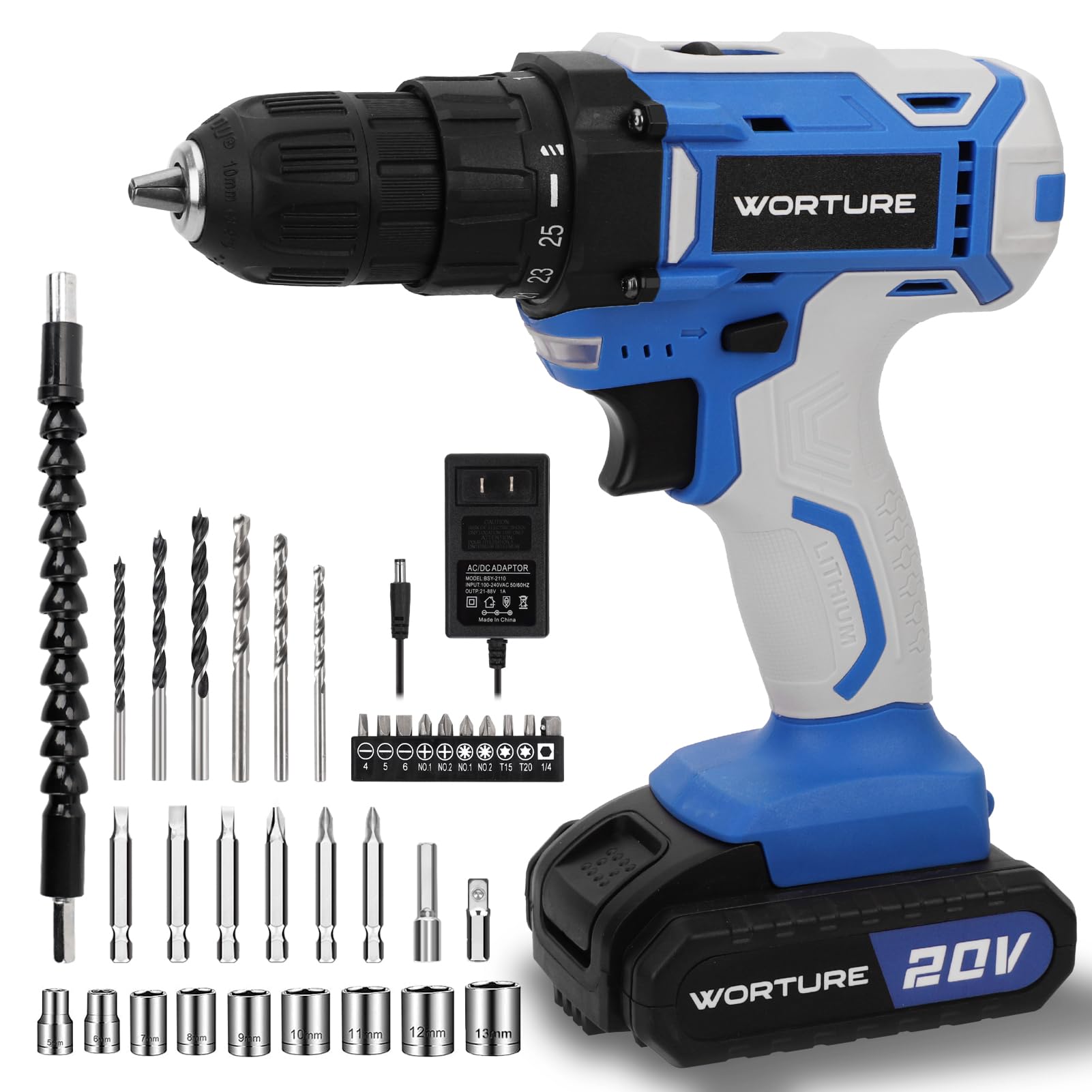 20V Cordless Drill, 3/8” Keyless Chuck, 353 In-lb (40 N.m) Torque, 2 Variable Speed, Electric Power Drill Set with 1.5AH Battery & Charger, 25+1 Position and 34 pcs Drill/Driver Bits (Blue)