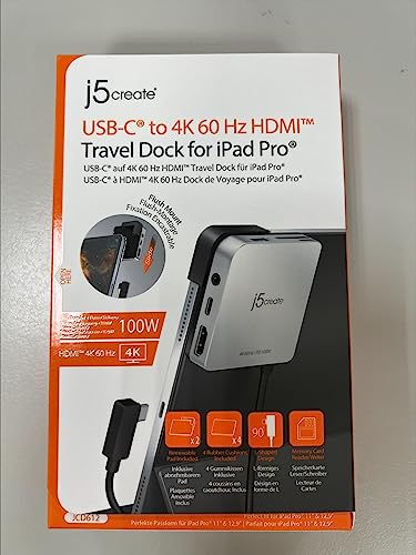 j5create iPad Pro USB C Hub- 6-in-1 Travel Dock for iPad Pro 12.9β/11β, with 4K@60Hz HDMI, USB C PD Charging 100W & Data, USB A 3.1, SD and microSD Card Reader, 3.5mm Headphone Jack (JCD612)