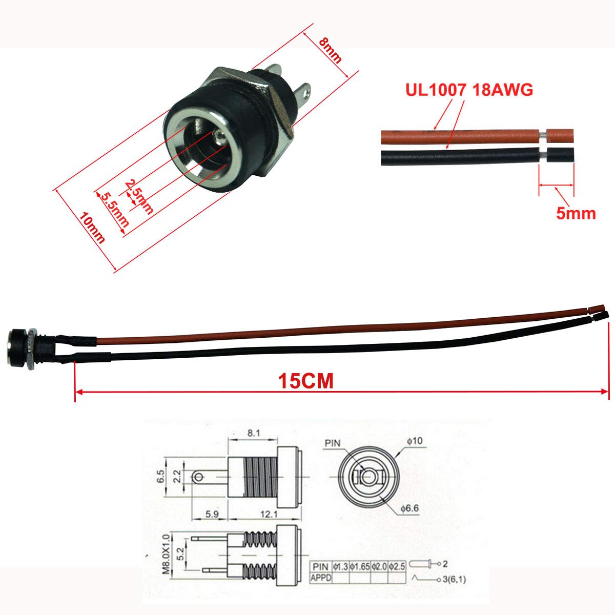 5Pcs 5.5mm x 2.1mm DC Power Supply Jack Socket Female Panel Mount Connection,dc-022B dc Jack with Wires