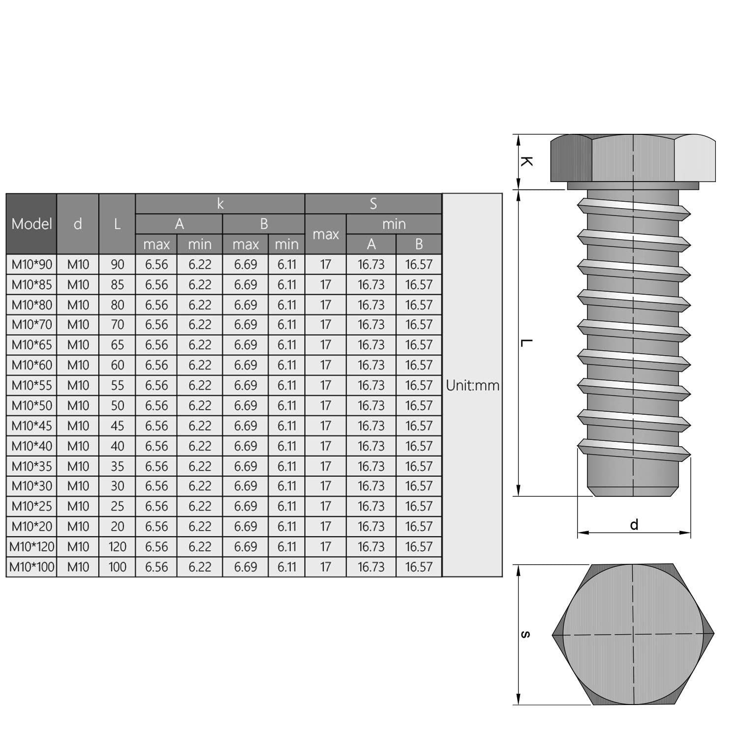 Juvielich M10x60mm Hex Head Screw Bolts 304 Stainless Steel Fully Threaded Hex Tap Bolts Silver Tone 10PCS