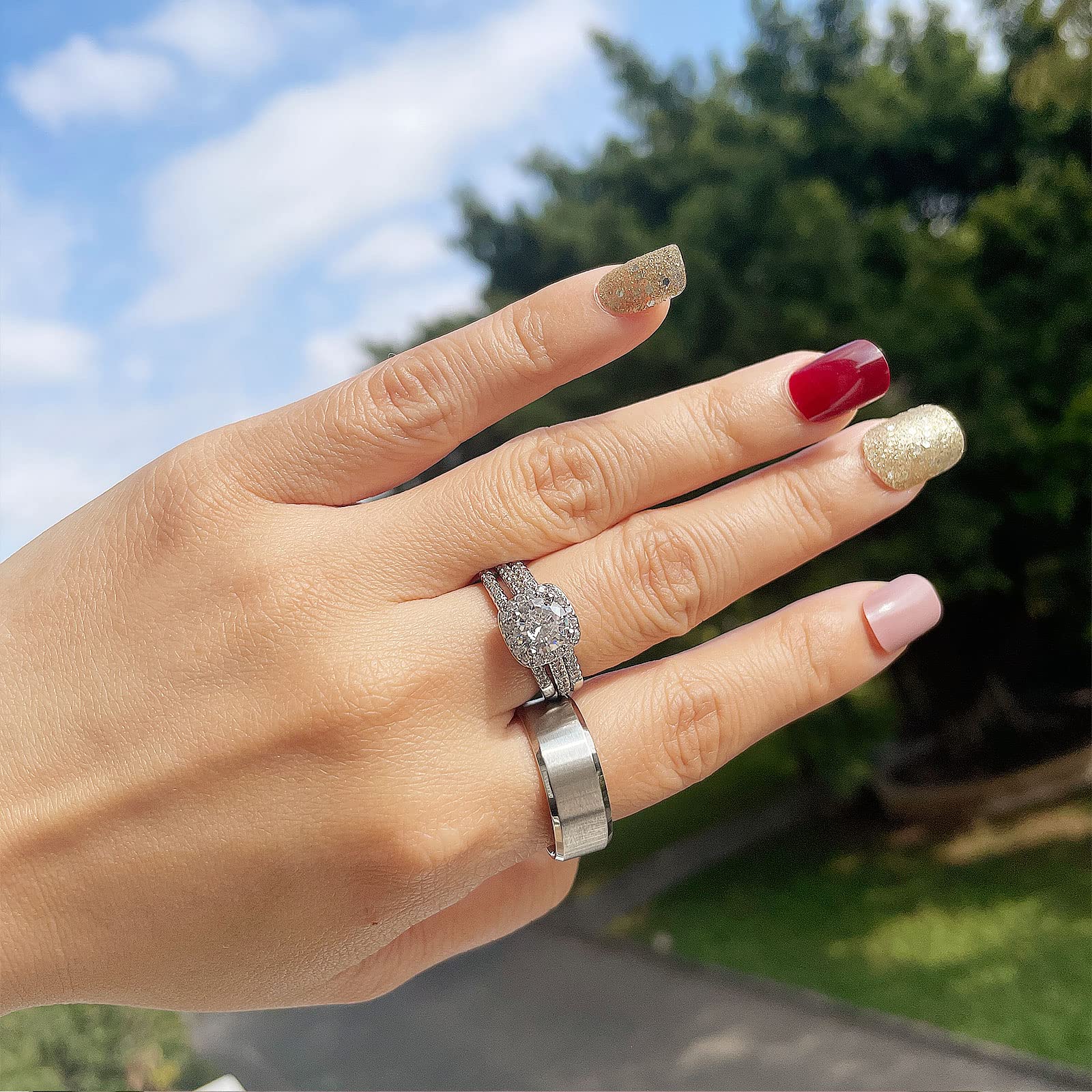 18k White Gold Plated Wedding Ring Sets for Him and Her Women Men Titanium Stainless Steel Bands 2Ct Cz Couple Rings Size 11&7