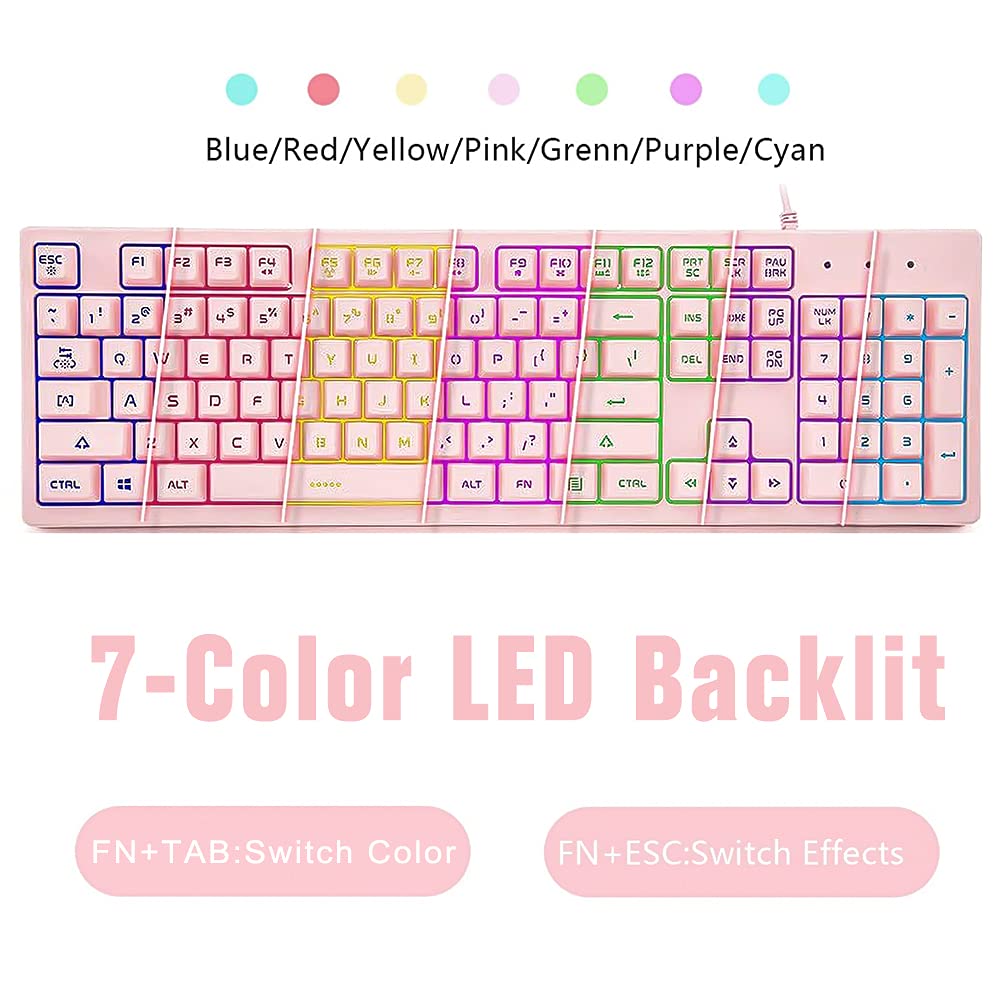 VINMEN Pink Gaming Keyboard with 7 Color LED Backlit Wired USB 104 Keys Keyboard Waterproof Fresh Style Computer Game Keyboard for PC Mac Laptop