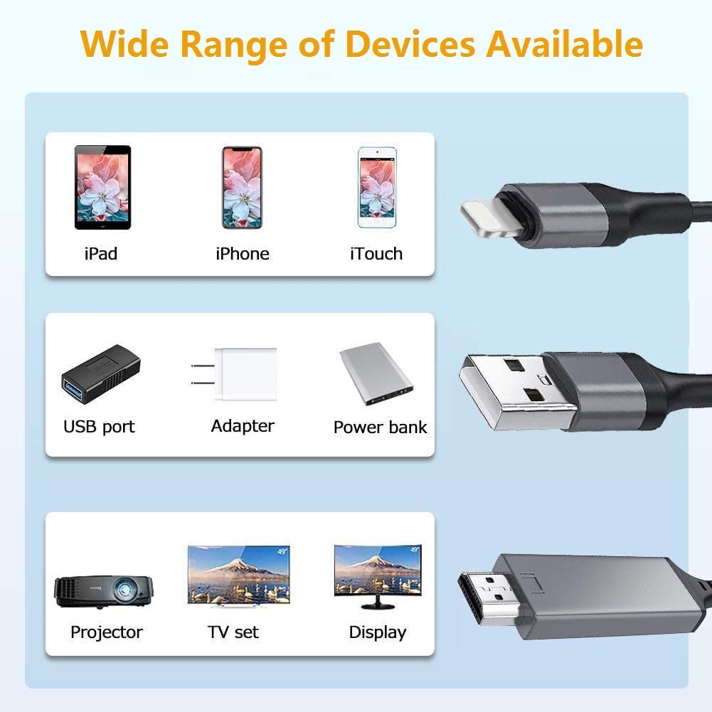 Lightning to HDMI Cable Adapter Compatible with iPhone iPad, Apple MFi Certified Lightning Digital AV Adapter 1080p HDTV Connector Cable Compatible for iPhone 12/11/XS/X/8/7 to TV Projector Monitor