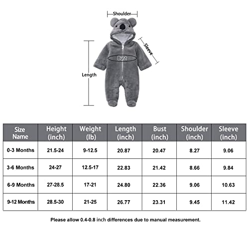 pureborn Newborn Baby Boys Fleece Footed Jumpsuit Hooded Snowsuit Pramsuit Winter Cartoon Romper Gray Koala 0-3 Months