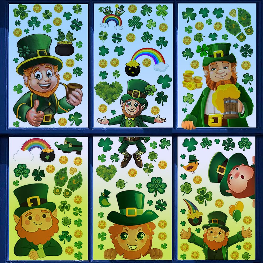 143PCS Happy St. Patrick's Day Window Clings Decorations,St. Patrick's Decal Window Sticker for Glass Decor,Gnome Leprechaun Footprints Holiday Party Door Decorations
