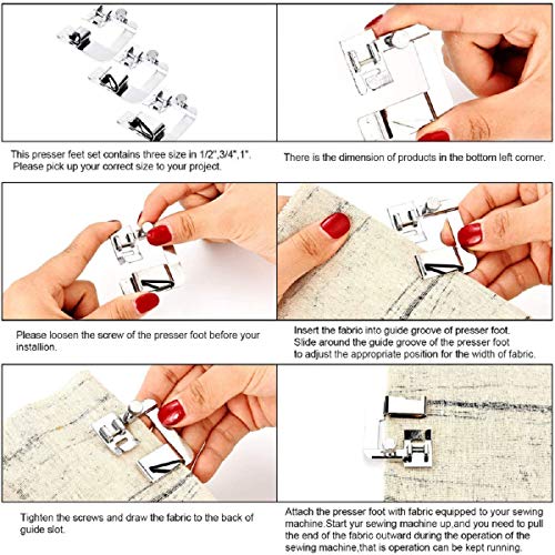 3 Sizes Wide Rolled Hem Pressure Foot Sewing Machine Presser Foot Hemmer Foot Set (1/2 Inch, 3/4 Inch, 1 Inch) for Singer, Brother, Janome and Other Low Shank Sewing Machines