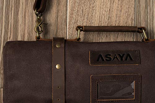 Asaya Waxed Canvas Knife Roll - 15 Knife Slots, Card Holder and Large Zippered Pocket - Genuine Leather, Cloth and Brass Buckles - for Chefs and Culinary Students - Knives Not Included