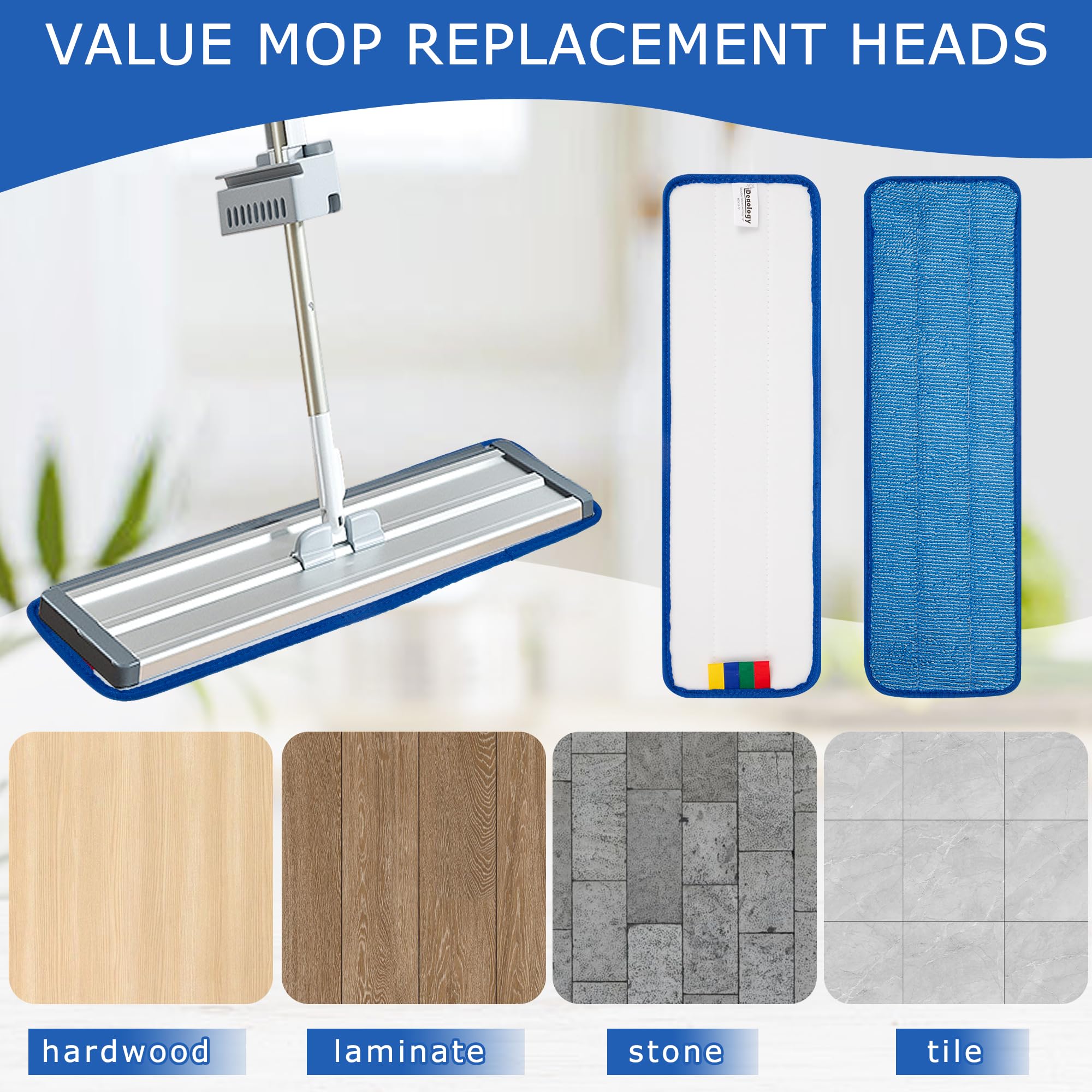 12 Pack Replacement Microfiber Pad for Universal Commercial 18 Inch Mop Head- Heavy Duty - Wet & Dry Commercial Cleaning Refills Reusable Mop Refills Fit for Most Microfiber Flat Mop System