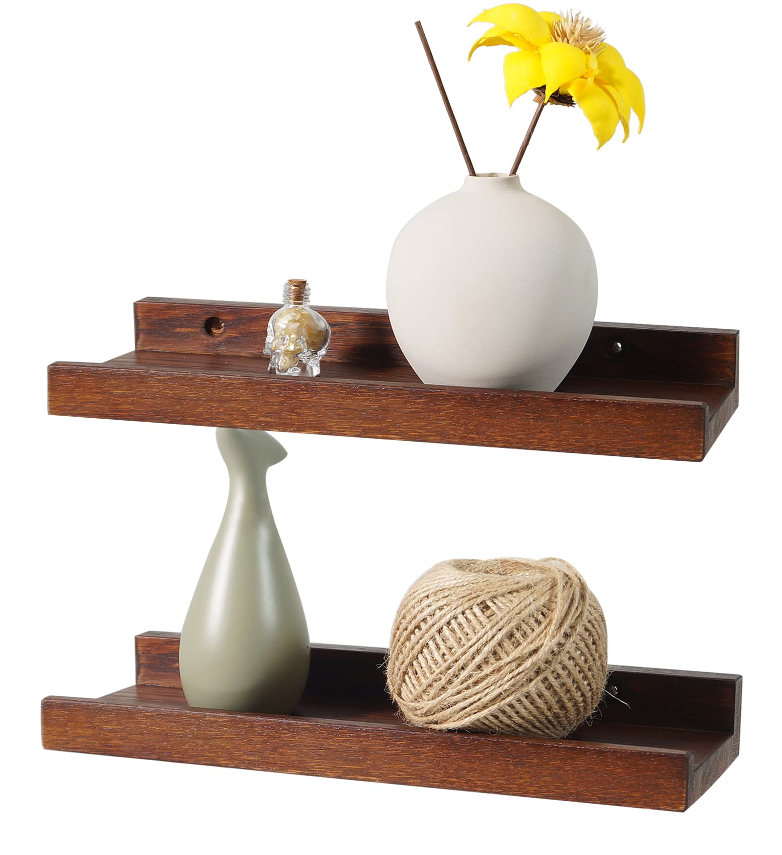 12 Inch Floating Shelves Wall Mounted Set of 2, Rustic Wall Shelves for Decor and Storage, Solid Walnut Wood Shelf, Picture Ledge for Bedroom/Bathroom/Living Room/Kitchen, Walnut Color, 12*4*1.5