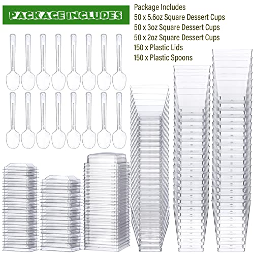 150 Pack 5.6, 3, 2 oz Mini Square Dessert Cups with Lids and Spoons Clear Plastic Parfait Cups Disposable Appetizer Cups Small Dessert Shooter Cups for Serving Party Pudding Fruit and Ice Cream